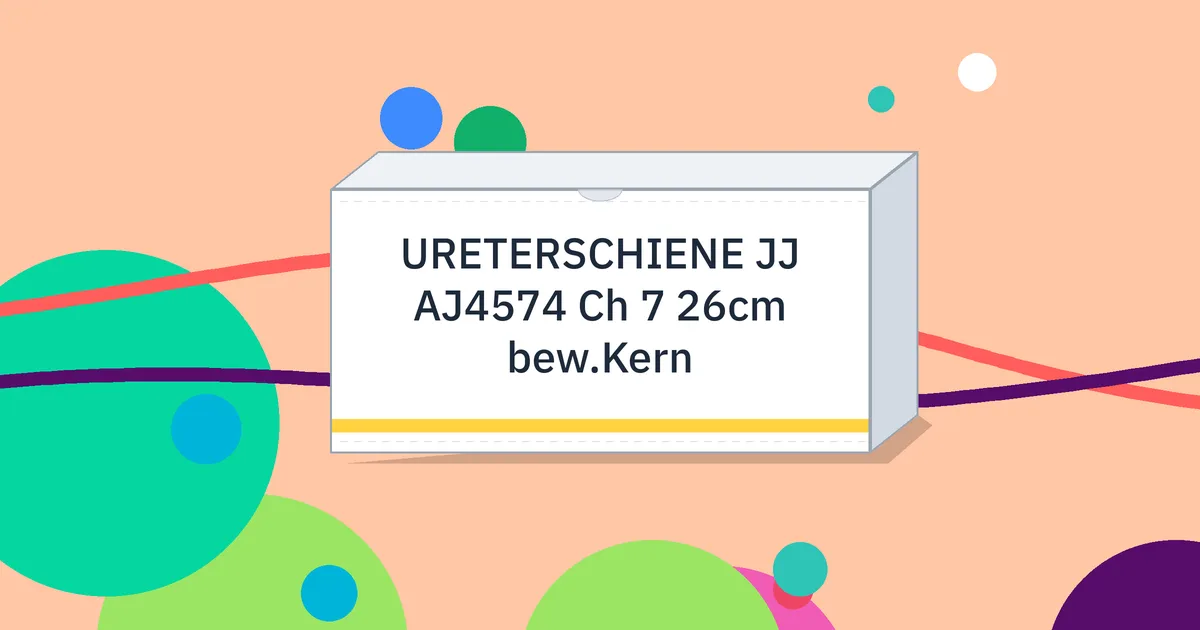 Symbolbild: Packung mit der Aufschrift URETERSCHIENE JJ AJ4574 Ch 7 26cm bew.Kern (PZN 01357359) – Verfügbarkeit und Bezug in Apotheken in Frankfurt am Main