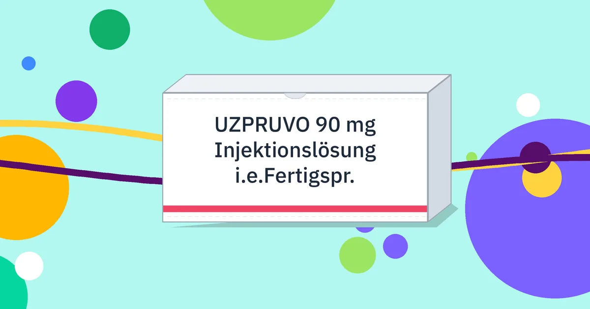Symbolbild: Packung mit der Aufschrift UZPRUVO 90 mg Injektionslösung i.e.Fertigspr. (PZN 19683958) – Verfügbarkeit und Bezug in Apotheken in Frankfurt am Main