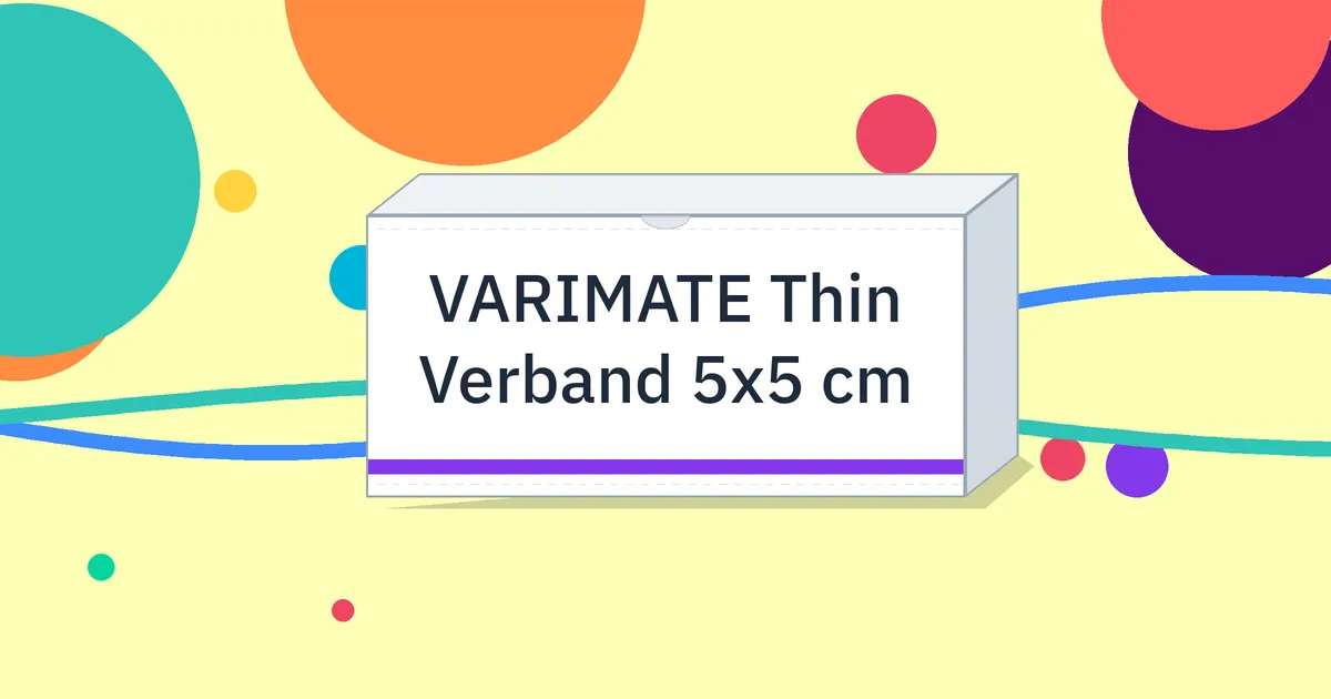 Symbolbild: Packung mit der Aufschrift VARIMATE Thin Verband 5x5 cm (PZN 02788558) – Verfügbarkeit und Bezug in Apotheken in Frankfurt am Main