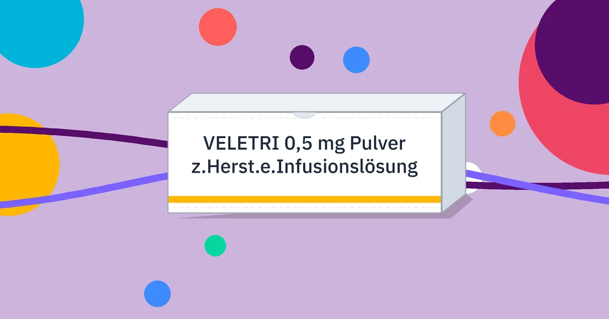 Symbolbild: Packung mit der Aufschrift VELETRI 0,5 mg Pulver z.Herst.e.Infusionslösung (PZN 12352508) – Verfügbarkeit und Bezug in Apotheken in Frankfurt am Main