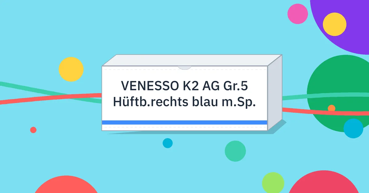 Symbolbild: Packung mit der Aufschrift VENESSO K2 AG Gr.5 Hüftb.rechts blau m.Sp. (PZN 03274560) – Verfügbarkeit und Bezug in Apotheken in Frankfurt am Main