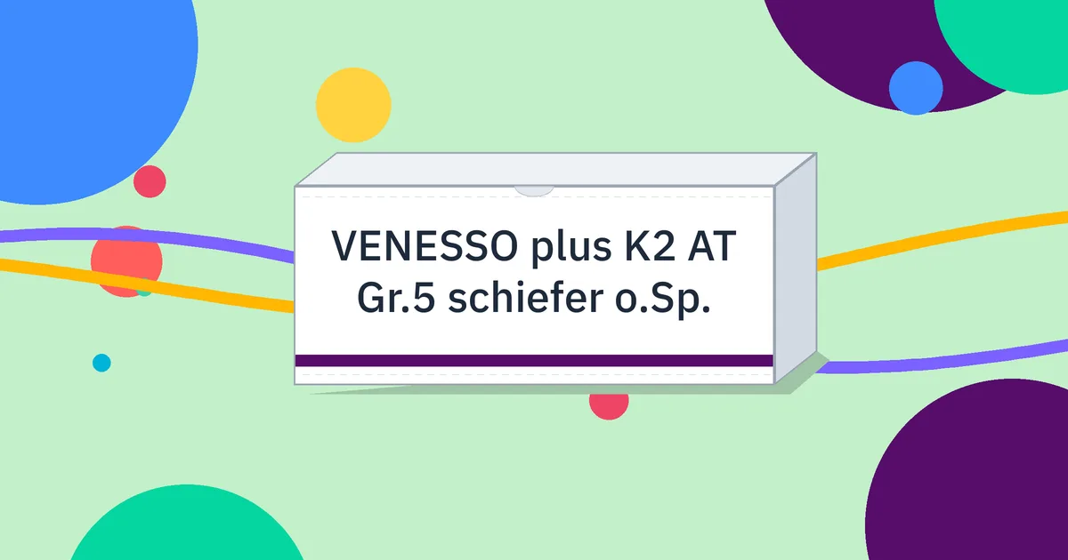 Symbolbild: Packung mit der Aufschrift VENESSO plus K2 AT Gr.5 schiefer o.Sp. (PZN 03288562) – Verfügbarkeit und Bezug in Apotheken in Frankfurt am Main