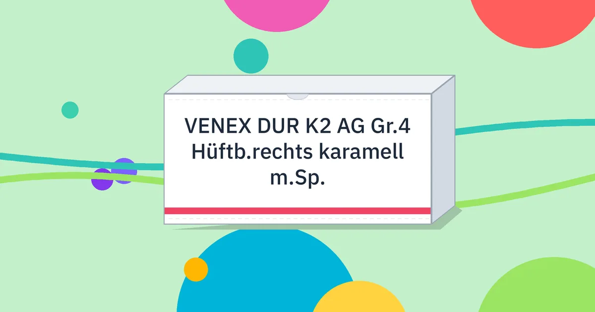 Symbolbild: Packung mit der Aufschrift VENEX DUR K2 AG Gr.4 Hüftb.rechts karamell m.Sp. (PZN 13761195) – Verfügbarkeit und Bezug in Apotheken in Frankfurt am Main