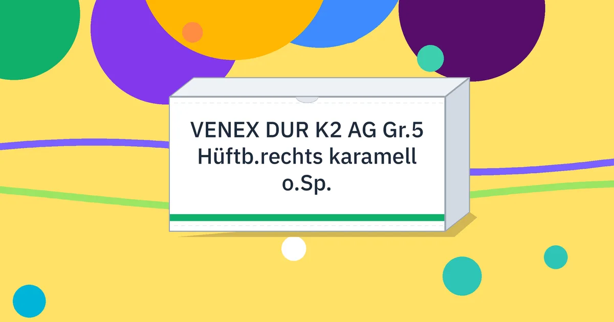 Symbolbild: Packung mit der Aufschrift VENEX DUR K2 AG Gr.5 Hüftb.rechts karamell o.Sp. (PZN 13761290) – Verfügbarkeit und Bezug in Apotheken in Frankfurt am Main