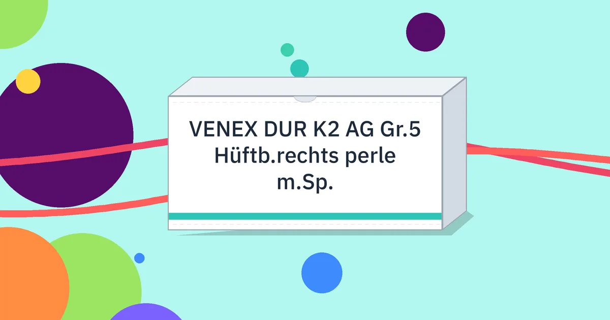 Symbolbild: Packung mit der Aufschrift VENEX DUR K2 AG Gr.5 Hüftb.rechts perle m.Sp. (PZN 03228531) – Verfügbarkeit und Bezug in Apotheken in Frankfurt am Main