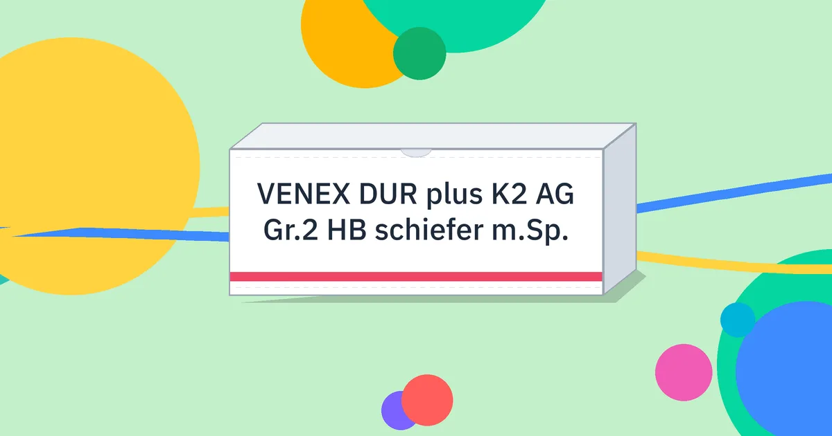 Symbolbild: Packung mit der Aufschrift VENEX DUR plus K2 AG Gr.2 HB schiefer m.Sp. (PZN 03236660) – Verfügbarkeit und Bezug in Apotheken in Frankfurt am Main