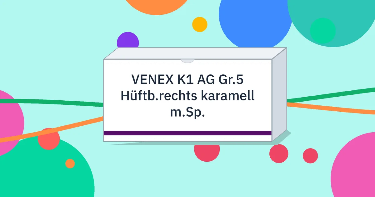 Symbolbild: Packung mit der Aufschrift VENEX K1 AG Gr.5 Hüftb.rechts karamell m.Sp. (PZN 13760876) – Verfügbarkeit und Bezug in Apotheken in Frankfurt am Main