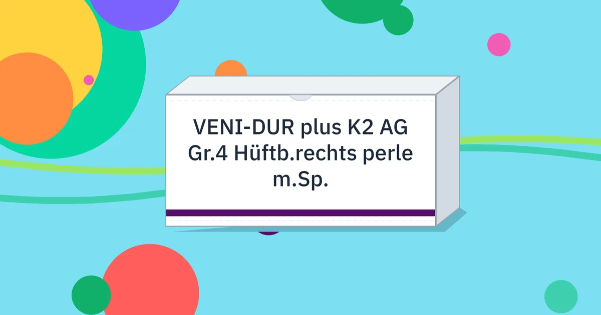 Symbolbild: Packung mit der Aufschrift VENI-DUR plus K2 AG Gr.4 Hüftb.rechts perle m.Sp. (PZN 03255893) – Verfügbarkeit und Bezug in Apotheken in Frankfurt am Main