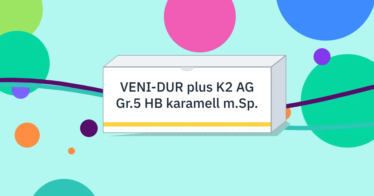 Symbolbild: Packung mit der Aufschrift VENI-DUR plus K2 AG Gr.5 HB karamell m.Sp. (PZN 13756745) – Verfügbarkeit und Bezug in Apotheken in Frankfurt am Main
