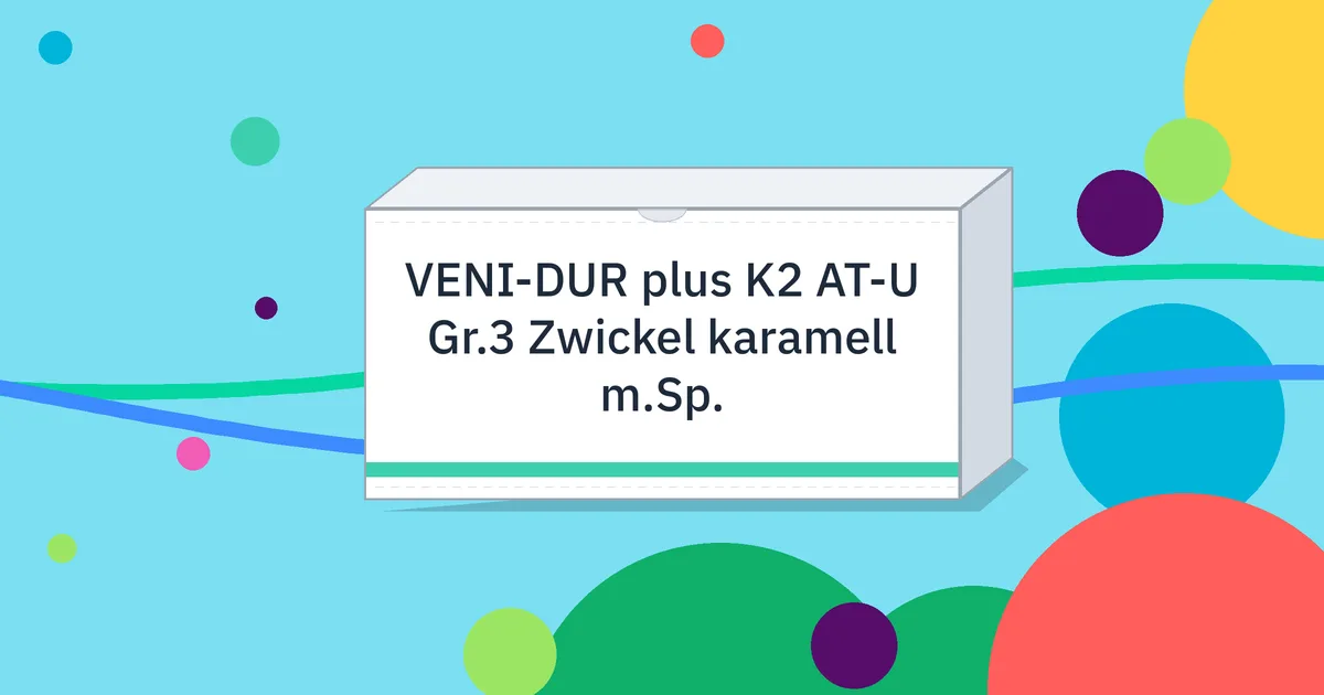 Symbolbild: Packung mit der Aufschrift VENI-DUR plus K2 AT-U Gr.3 Zwickel karamell m.Sp. (PZN 13759086) – Verfügbarkeit und Bezug in Apotheken in Frankfurt am Main