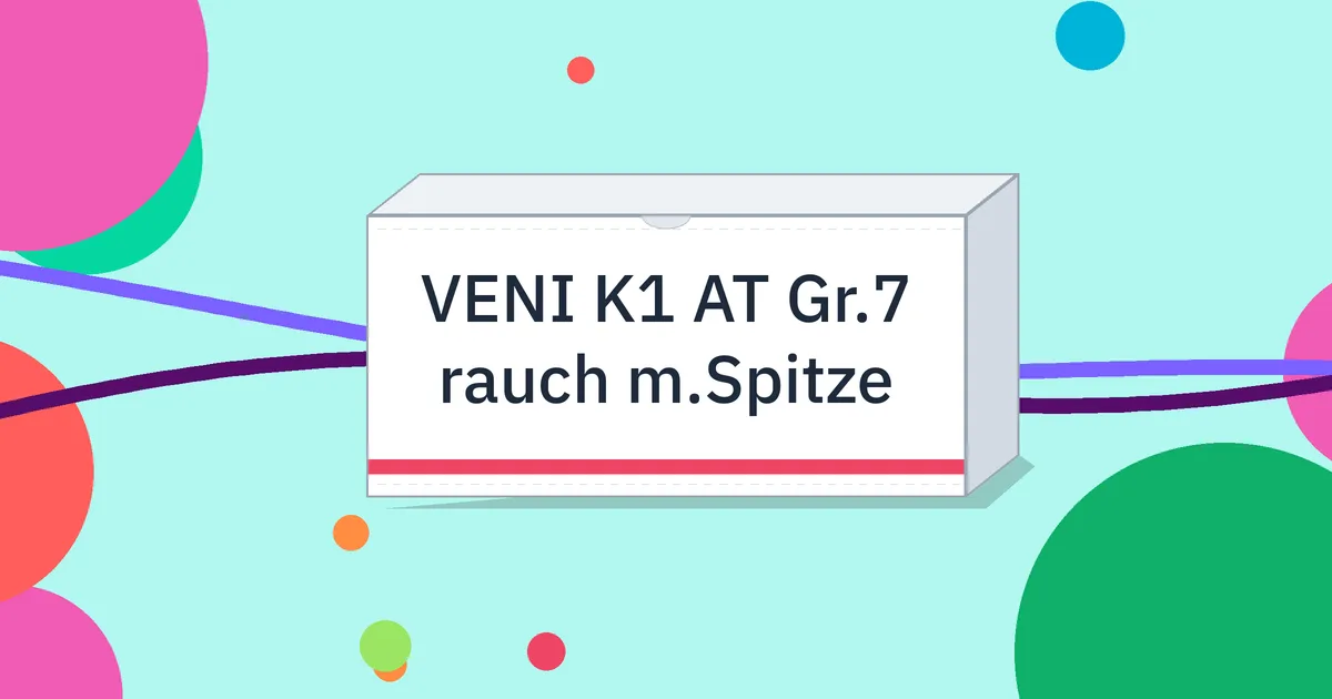 Symbolbild: Packung mit der Aufschrift VENI K1 AT Gr.7 rauch m.Spitze (PZN 00597251) – Verfügbarkeit und Bezug in Apotheken in Frankfurt am Main