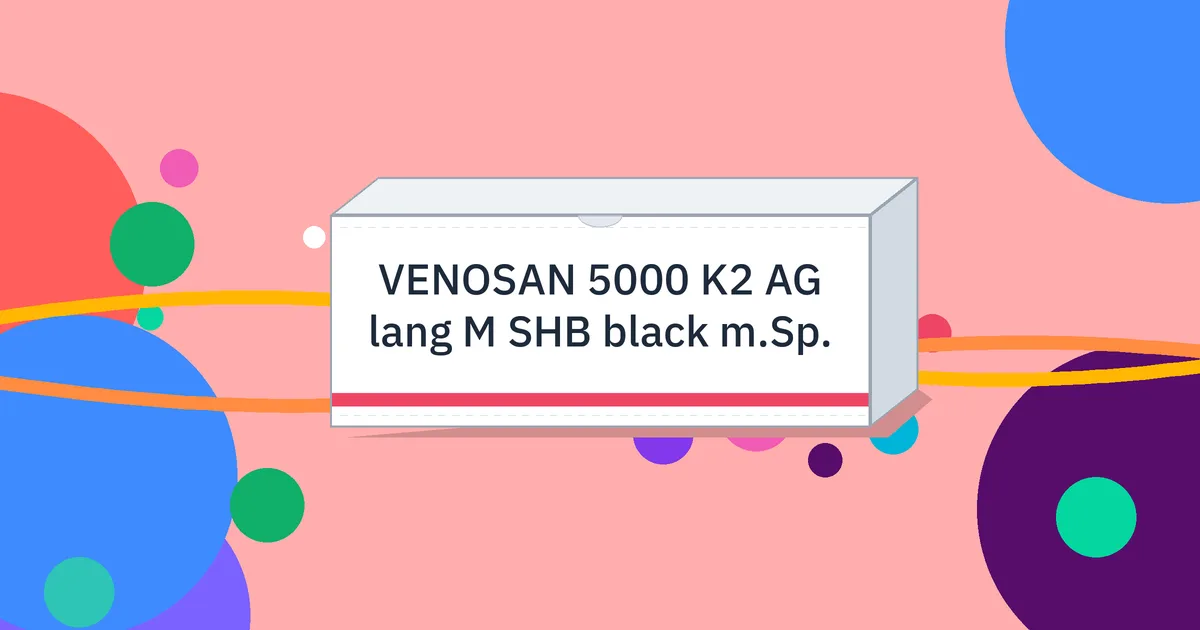 Symbolbild: Packung mit der Aufschrift VENOSAN 5000 K2 AG lang M SHB black m.Sp. (PZN 14433553) – Verfügbarkeit und Bezug in Apotheken in Frankfurt am Main