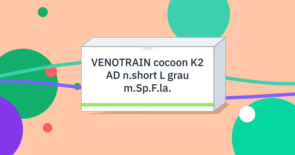 Symbolbild: Packung mit der Aufschrift VENOTRAIN cocoon K2 AD n.short L grau m.Sp.F.la. (PZN 19198714) – Verfügbarkeit und Bezug in Apotheken in Frankfurt am Main