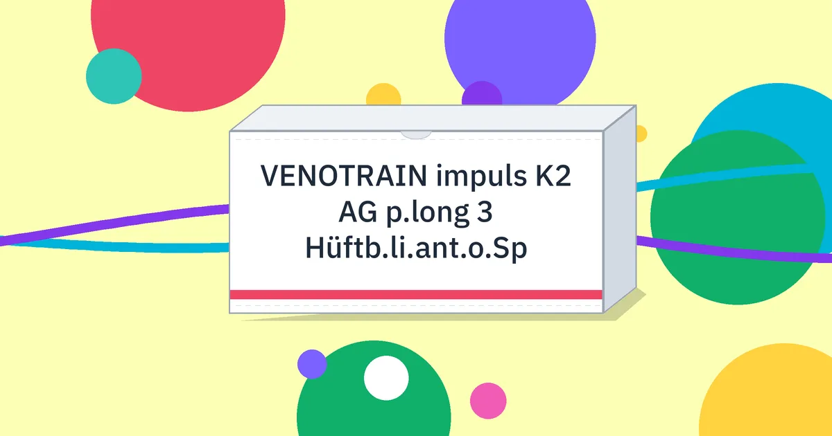 Symbolbild: Packung mit der Aufschrift VENOTRAIN impuls K2 AG p.long 3 Hüftb.li.ant.o.Sp (PZN 15219833) – Verfügbarkeit und Bezug in Apotheken in Frankfurt am Main