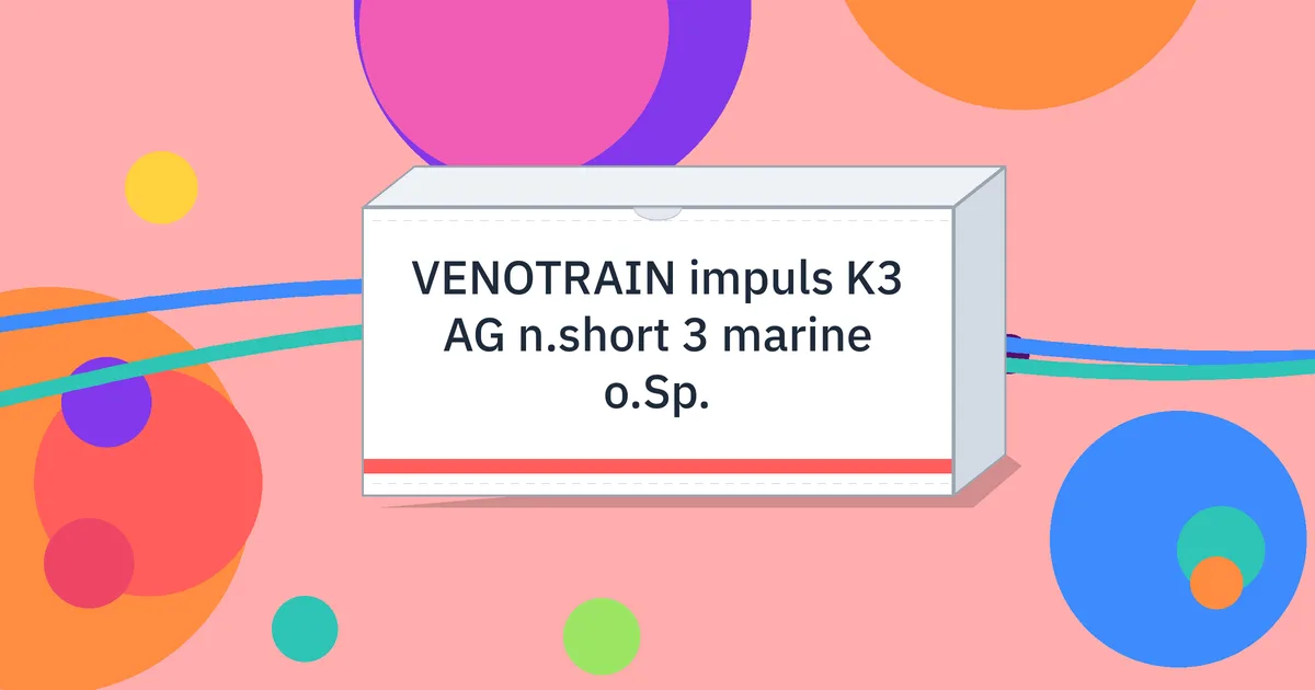 Symbolbild: Packung mit der Aufschrift VENOTRAIN impuls K3 AG n.short 3 marine o.Sp. (PZN 15213121) – Verfügbarkeit und Bezug in Apotheken in Frankfurt am Main