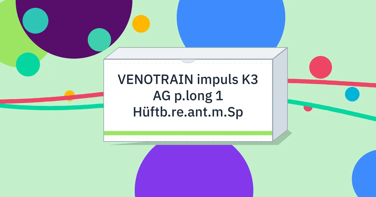 Symbolbild: Packung mit der Aufschrift VENOTRAIN impuls K3 AG p.long 1 Hüftb.re.ant.m.Sp (PZN 15218325) – Verfügbarkeit und Bezug in Apotheken in Frankfurt am Main