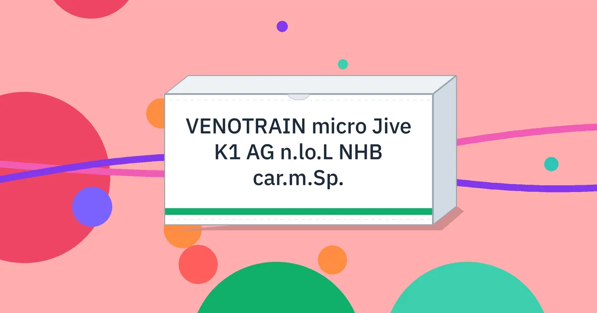 Symbolbild: Packung mit der Aufschrift VENOTRAIN micro Jive K1 AG n.lo.L NHB car.m.Sp. (PZN 17764167) – Verfügbarkeit und Bezug in Apotheken in Frankfurt am Main