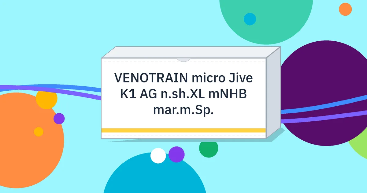 Symbolbild: Packung mit der Aufschrift VENOTRAIN micro Jive K1 AG n.sh.XL mNHB mar.m.Sp. (PZN 17761795) – Verfügbarkeit und Bezug in Apotheken in Frankfurt am Main