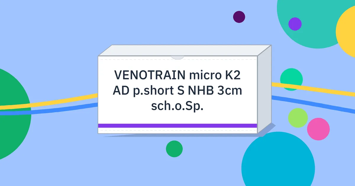 Symbolbild: Packung mit der Aufschrift VENOTRAIN micro K2 AD p.short S NHB 3cm sch.o.Sp. (PZN 05719144) – Verfügbarkeit und Bezug in Apotheken in Frankfurt am Main
