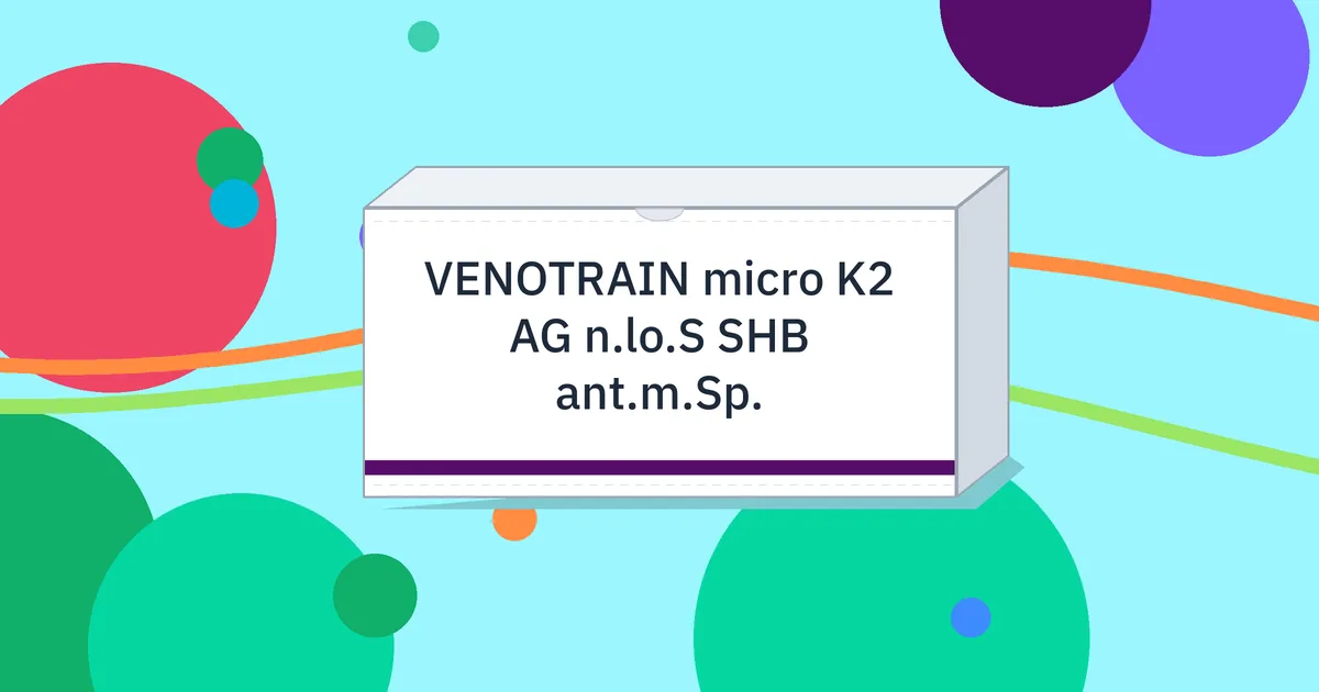 Symbolbild: Packung mit der Aufschrift VENOTRAIN micro K2 AG n.lo.S SHB ant.m.Sp. (PZN 11063268) – Verfügbarkeit und Bezug in Apotheken in Frankfurt am Main