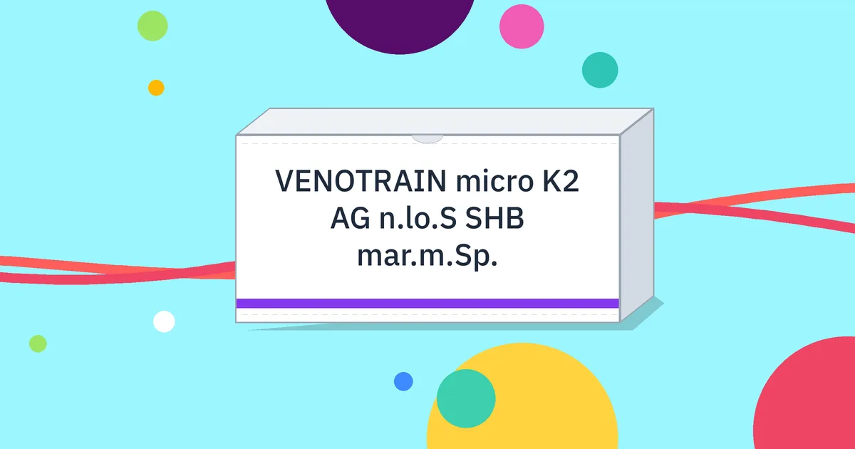 Symbolbild: Packung mit der Aufschrift VENOTRAIN micro K2 AG n.lo.S SHB mar.m.Sp. (PZN 06153288) – Verfügbarkeit und Bezug in Apotheken in Frankfurt am Main