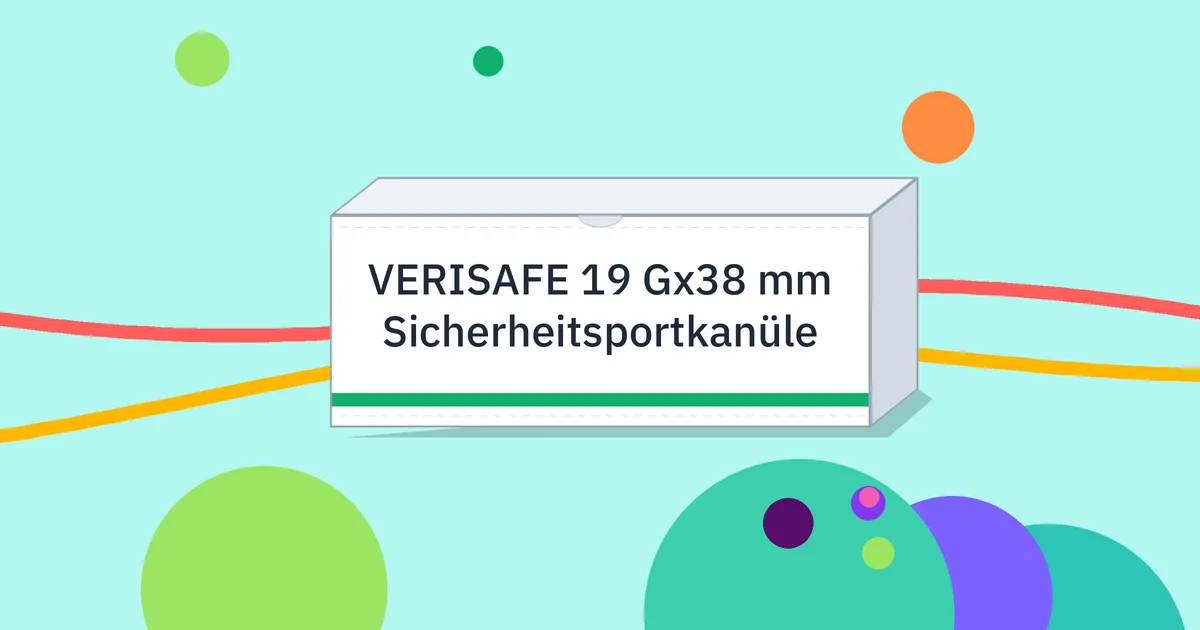 Symbolbild: Packung mit der Aufschrift VERISAFE 19 Gx38 mm Sicherheitsportkanüle (PZN 19173967) – Verfügbarkeit und Bezug in Apotheken in Frankfurt am Main