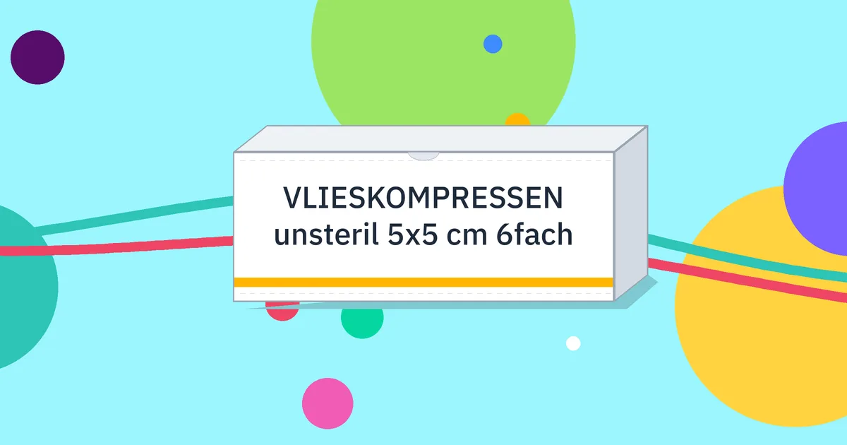 Symbolbild: Packung mit der Aufschrift VLIESKOMPRESSEN unsteril 5x5 cm 6fach (PZN 03995331) – Verfügbarkeit und Bezug in Apotheken in Frankfurt am Main