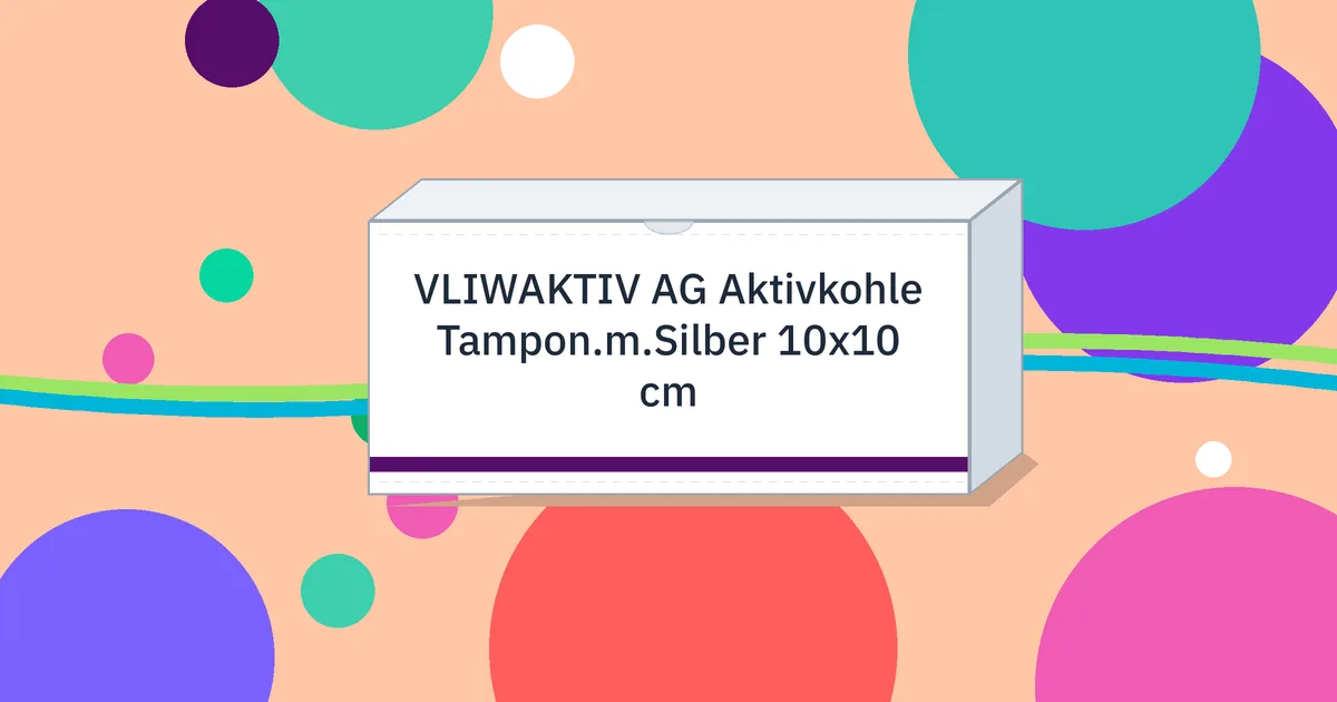Symbolbild: Packung mit der Aufschrift VLIWAKTIV AG Aktivkohle Tampon.m.Silber 10x10 cm (PZN 15431326) – Verfügbarkeit und Bezug in Apotheken in Frankfurt am Main
