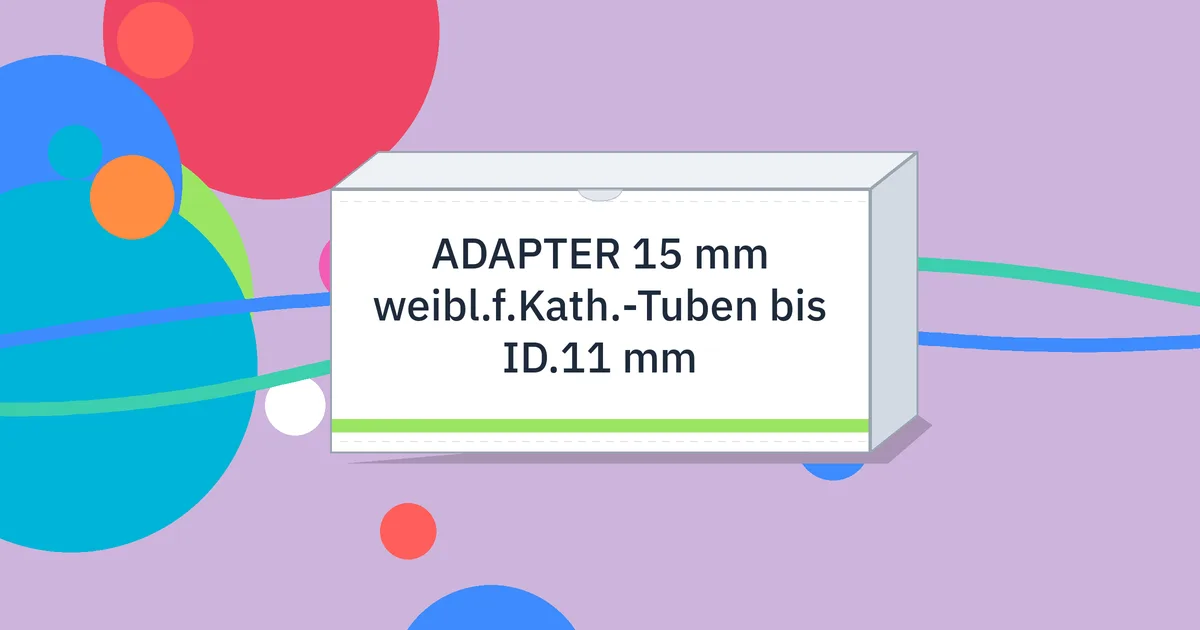 Symbolbild: Packung mit der Aufschrift ADAPTER 15 mm weibl.f.Kath.-Tuben bis ID.11 mm (PZN 07587273) – Verfügbarkeit und Bezug in Apotheken in Frankfurt am Main