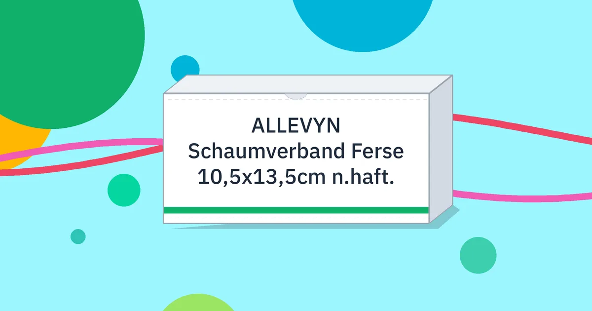 Symbolbild: Packung mit der Aufschrift ALLEVYN Schaumverband Ferse 10,5x13,5cm n.haft. (PZN 13249178) – Verfügbarkeit und Bezug in Apotheken in Frankfurt am Main