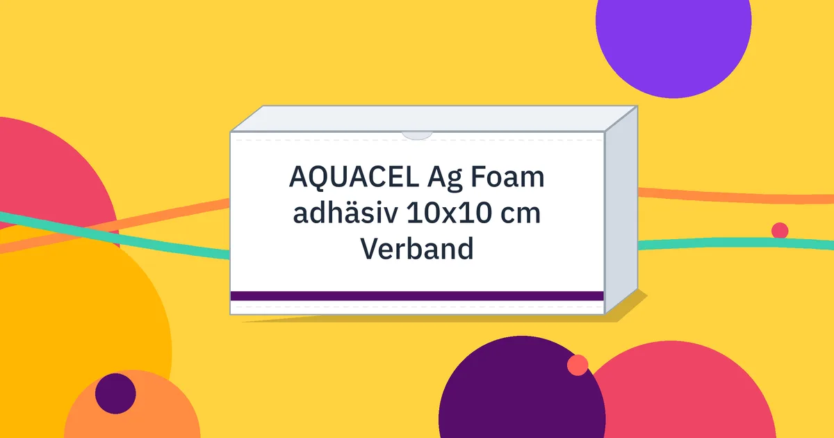 Symbolbild: Packung mit der Aufschrift AQUACEL Ag Foam adhäsiv 10x10 cm Verband (PZN 11646751) – Verfügbarkeit und Bezug in Apotheken in Frankfurt am Main