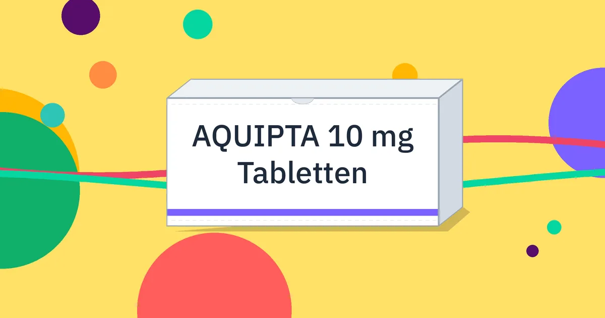 Symbolbild: Packung mit der Aufschrift AQUIPTA 10 mg Tabletten (PZN 19440747) – Verfügbarkeit und Bezug in Apotheken in Frankfurt am Main