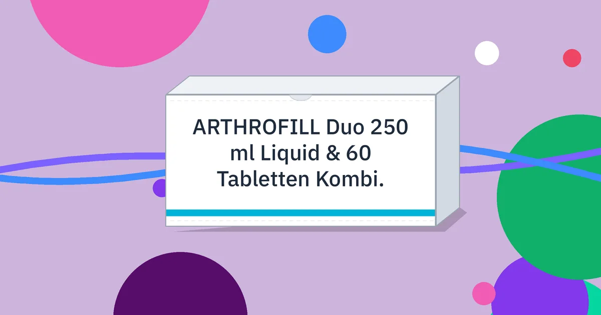 Symbolbild: Packung mit der Aufschrift ARTHROFILL Duo 250 ml Liquid & 60 Tabletten Kombi. (PZN 18818155) – Verfügbarkeit und Bezug in Apotheken in Frankfurt am Main