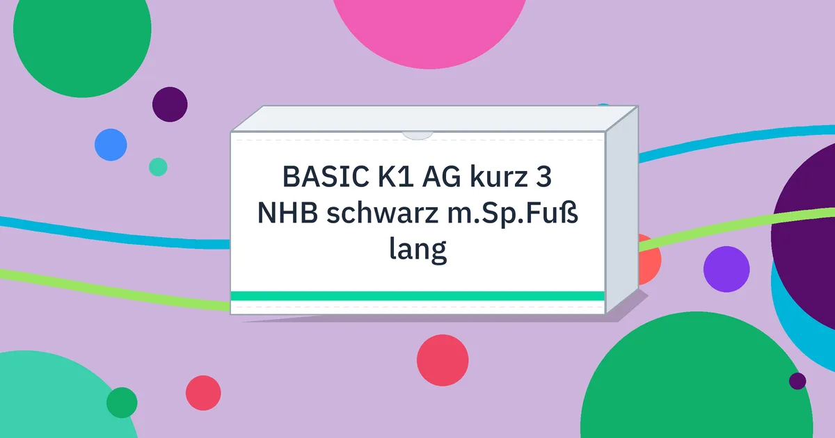 Symbolbild: Packung mit der Aufschrift BASIC K1 AG kurz 3 NHB schwarz m.Sp.Fuß lang (PZN 20260370) – Verfügbarkeit und Bezug in Apotheken in Frankfurt am Main