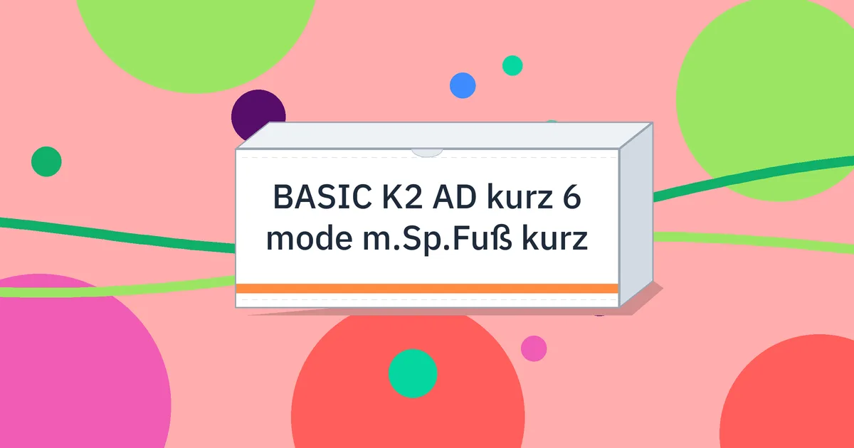 Symbolbild: Packung mit der Aufschrift BASIC K2 AD kurz 6 mode m.Sp.Fuß kurz (PZN 20265918) – Verfügbarkeit und Bezug in Apotheken in Frankfurt am Main