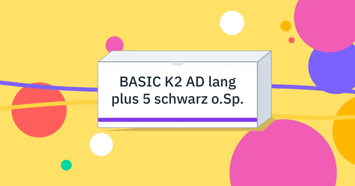 Symbolbild: Packung mit der Aufschrift BASIC K2 AD lang plus 5 schwarz o.Sp. (PZN 20265226) – Verfügbarkeit und Bezug in Apotheken in Frankfurt am Main