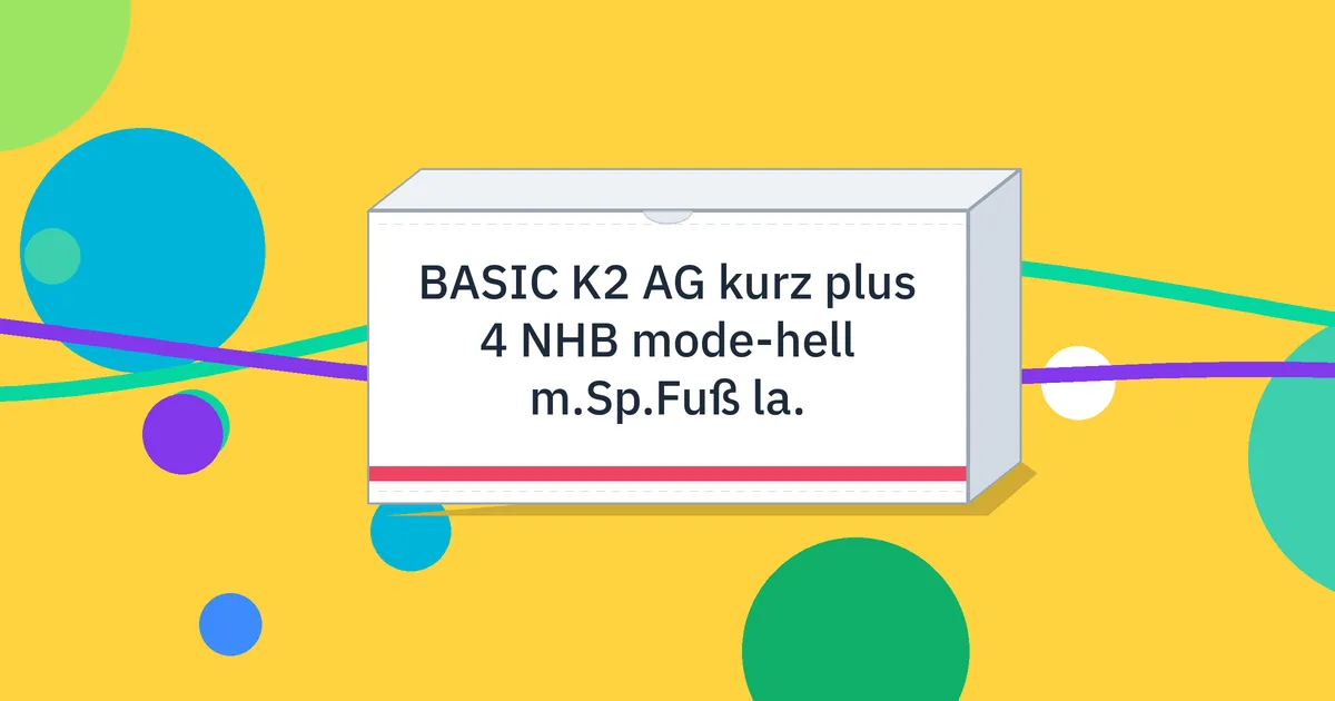 Symbolbild: Packung mit der Aufschrift BASIC K2 AG kurz plus 4 NHB mode-hell m.Sp.Fuß la. (PZN 20267656) – Verfügbarkeit und Bezug in Apotheken in Frankfurt am Main