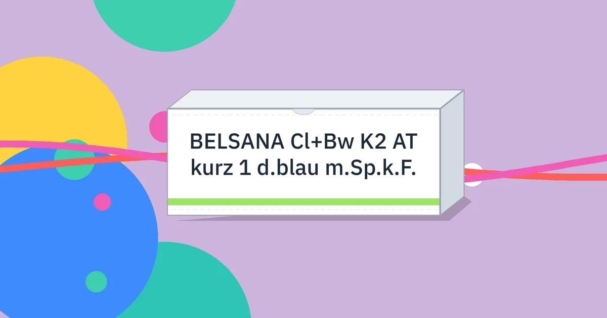 Symbolbild: Packung mit der Aufschrift BELSANA Cl+Bw K2 AT kurz 1 d.blau m.Sp.k.F. (PZN 15627727) – Verfügbarkeit und Bezug in Apotheken in Frankfurt am Main