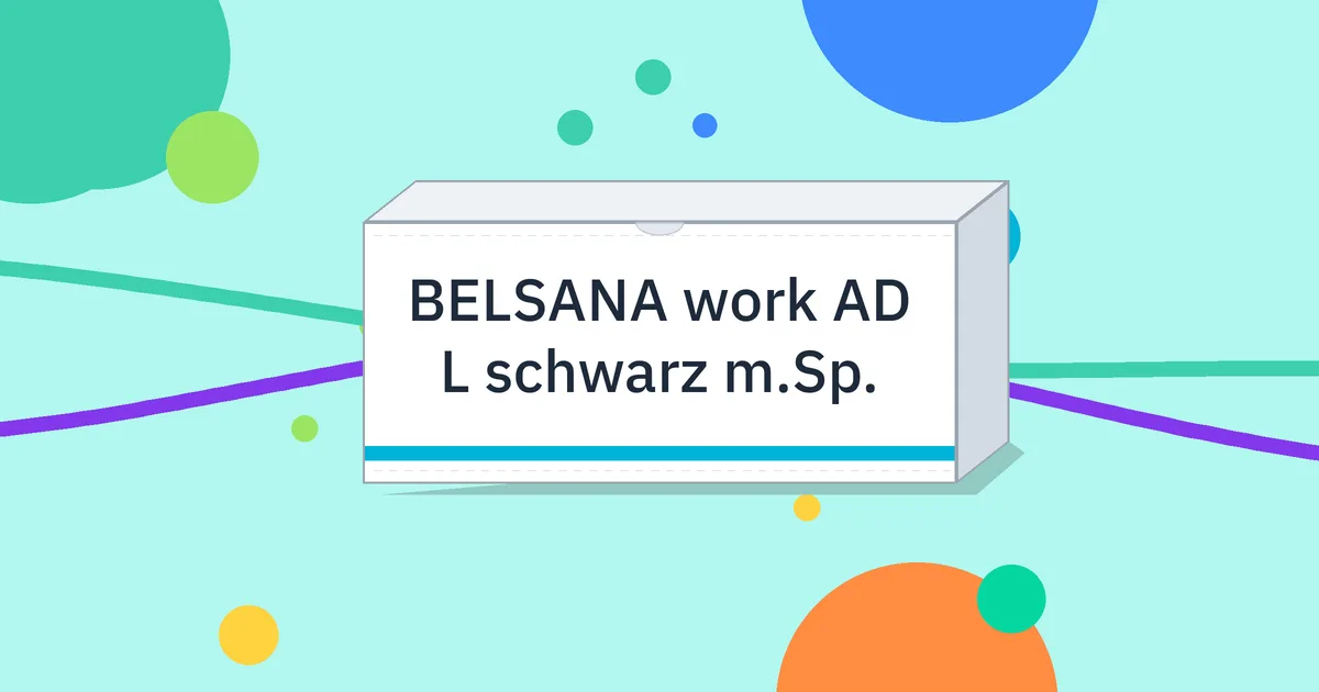 Symbolbild: Packung mit der Aufschrift BELSANA work AD L schwarz m.Sp. (PZN 16219870) – Verfügbarkeit und Bezug in Apotheken in Frankfurt am Main