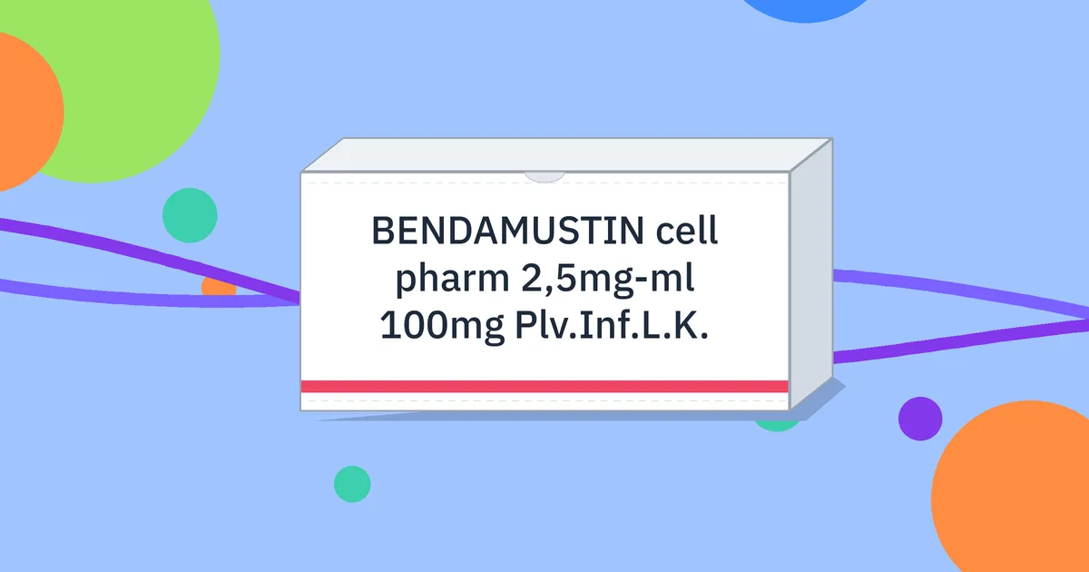 Symbolbild: Packung mit der Aufschrift BENDAMUSTIN cell pharm 2,5mg-ml 100mg Plv.Inf.L.K. (PZN 11510690) – Verfügbarkeit und Bezug in Apotheken in Frankfurt am Main