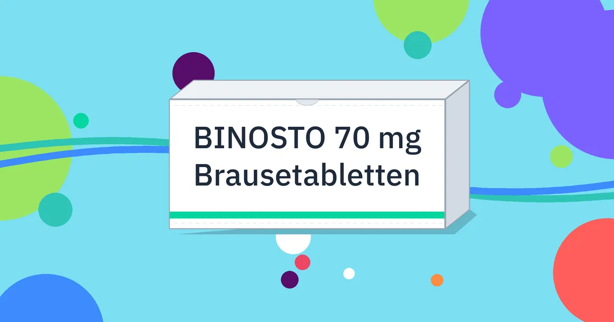 Symbolbild: Packung mit der Aufschrift BINOSTO 70 mg Brausetabletten (PZN 12592543) – Verfügbarkeit und Bezug in Apotheken in Frankfurt am Main