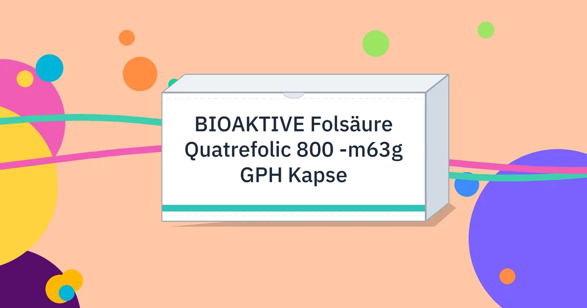 Symbolbild: Packung mit der Aufschrift BIOAKTIVE Folsäure Quatrefolic 800 -m63g GPH Kapse (PZN 18310391) – Verfügbarkeit und Bezug in Apotheken in Frankfurt am Main