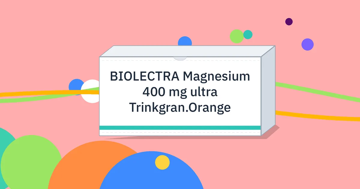 Symbolbild: Packung mit der Aufschrift BIOLECTRA Magnesium 400 mg ultra Trinkgran.Orange (PZN 10914511) – Verfügbarkeit und Bezug in Apotheken in Frankfurt am Main