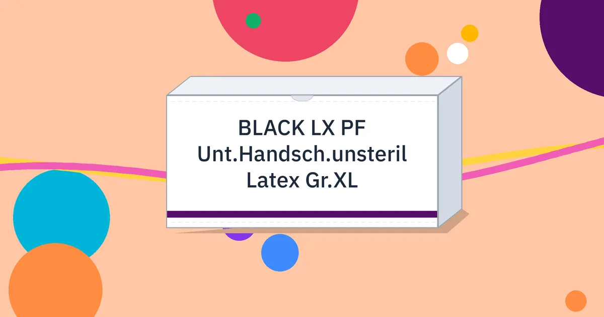 Symbolbild: Packung mit der Aufschrift BLACK LX PF Unt.Handsch.unsteril Latex Gr.XL (PZN 07796284) – Verfügbarkeit und Bezug in Apotheken in Frankfurt am Main