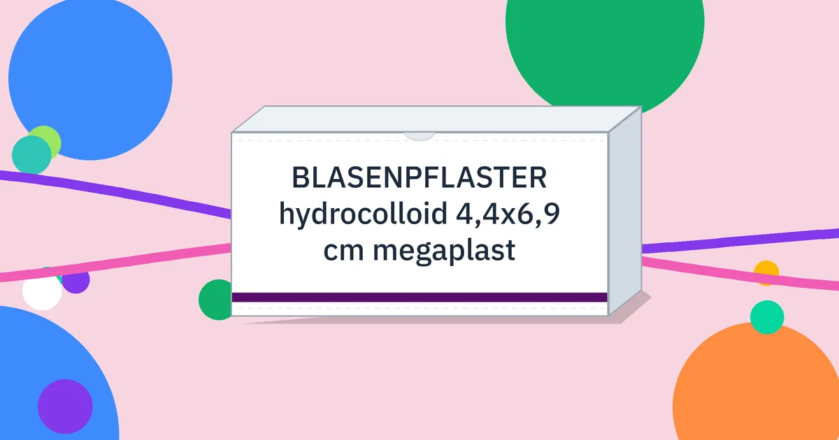 Symbolbild: Packung mit der Aufschrift BLASENPFLASTER hydrocolloid 4,4x6,9 cm megaplast (PZN 16500466) – Verfügbarkeit und Bezug in Apotheken in Frankfurt am Main