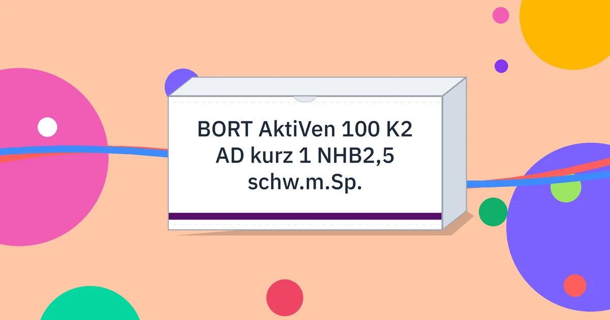 Symbolbild: Packung mit der Aufschrift BORT AktiVen 100 K2 AD kurz 1 NHB2,5 schw.m.Sp. (PZN 17501864) – Verfügbarkeit und Bezug in Apotheken in Frankfurt am Main