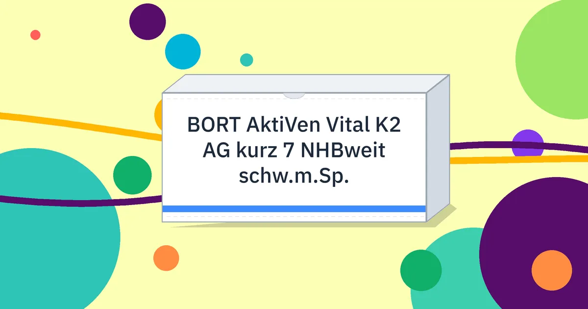 Symbolbild: Packung mit der Aufschrift BORT AktiVen Vital K2 AG kurz 7 NHBweit schw.m.Sp. (PZN 12385293) – Verfügbarkeit und Bezug in Apotheken in Frankfurt am Main