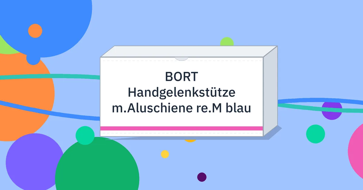 Symbolbild: Packung mit der Aufschrift BORT Handgelenkstütze m.Aluschiene re.M blau (PZN 00945315) – Verfügbarkeit und Bezug in Apotheken in Frankfurt am Main