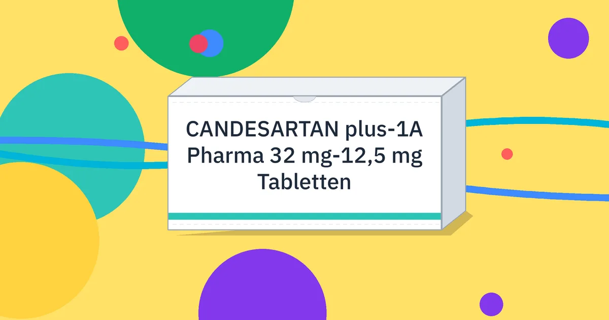 Symbolbild: Packung mit der Aufschrift CANDESARTAN plus-1A Pharma 32 mg-12,5 mg Tabletten (PZN 05982806) – Verfügbarkeit und Bezug in Apotheken in Frankfurt am Main