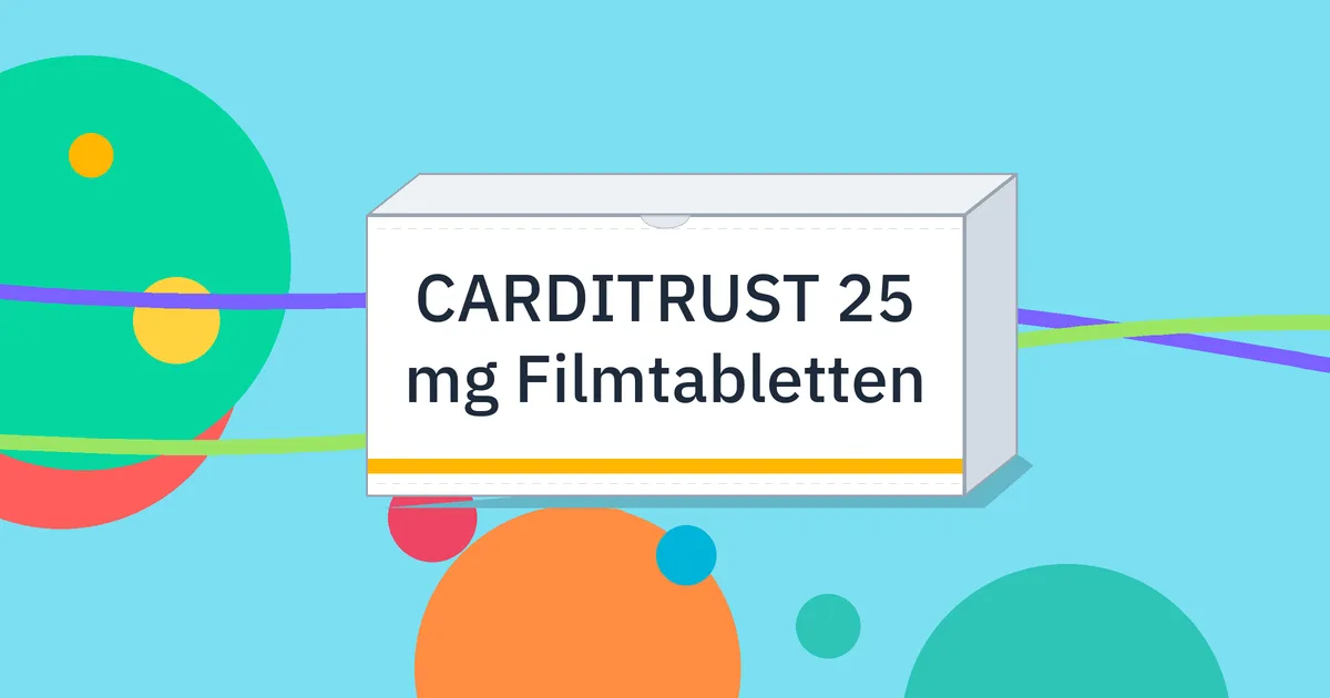 Symbolbild: Packung mit der Aufschrift CARDITRUST 25 mg Filmtabletten (PZN 19827848) – Verfügbarkeit und Bezug in Apotheken in Frankfurt am Main